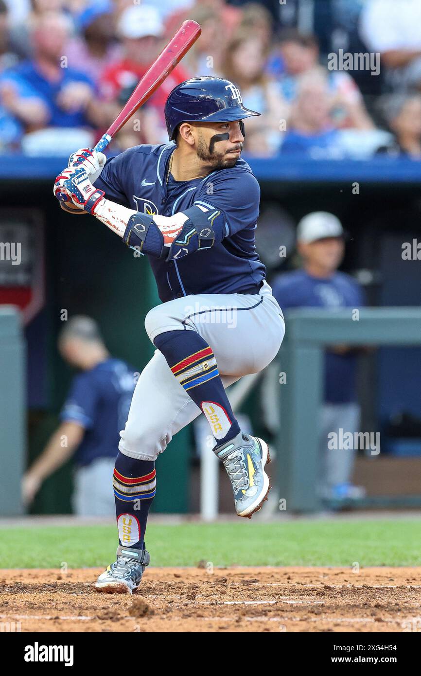Kansas City, MO, USA. 4th July, 2024. Tampa Bay Rays third baseman Jose Caballero (7) bats ...
