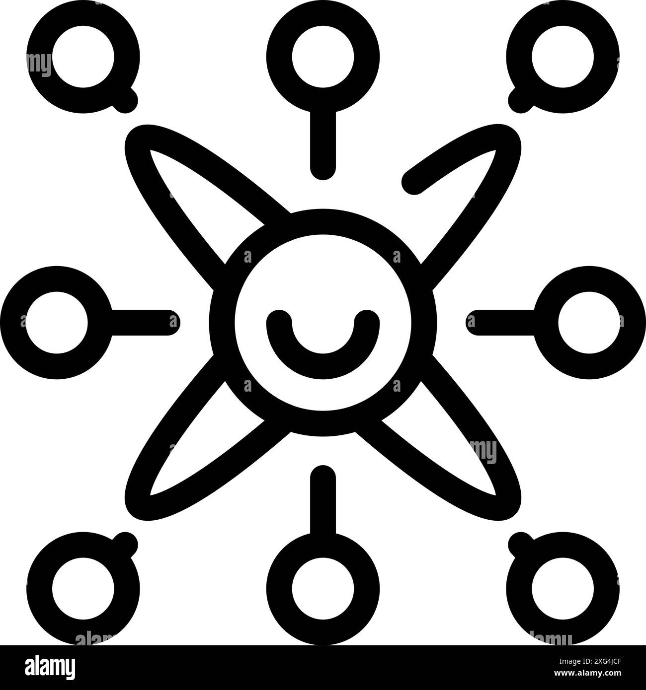 Line art icon of an atom with a happy face, representing customer ...
