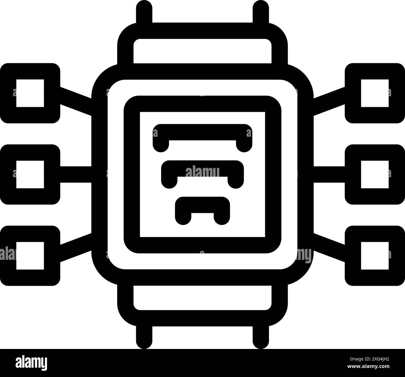 Black and white icon of a modern processor chip managing data flow with multiple connections ...