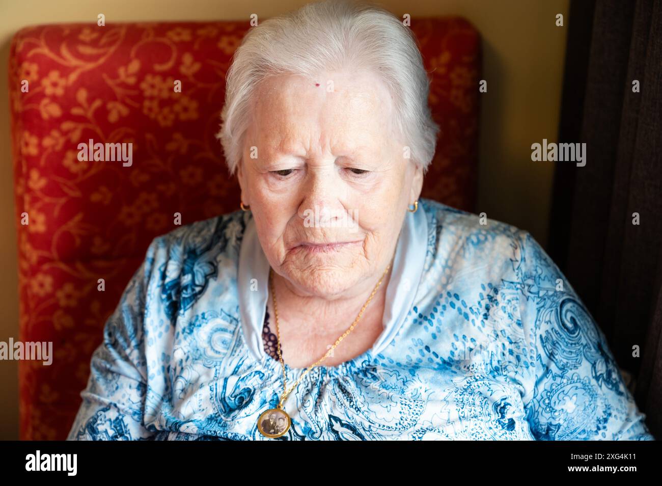 Portrait of a 95 yo white hair grandmother home, Tienen, Flanders ...