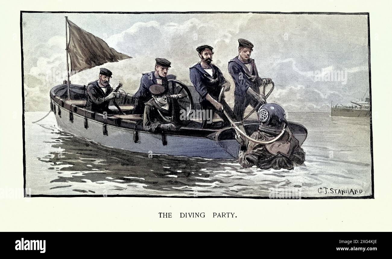 British Royal Navy diving party, Sailors helping a deep sea diver, late ...