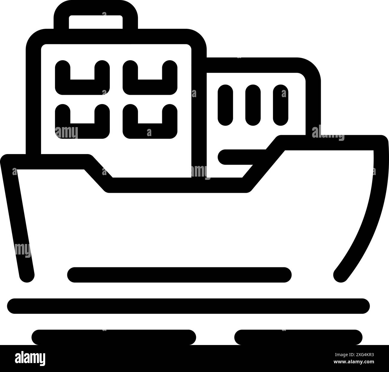 Cargo ship delivering goods to city port, simple black and white ...