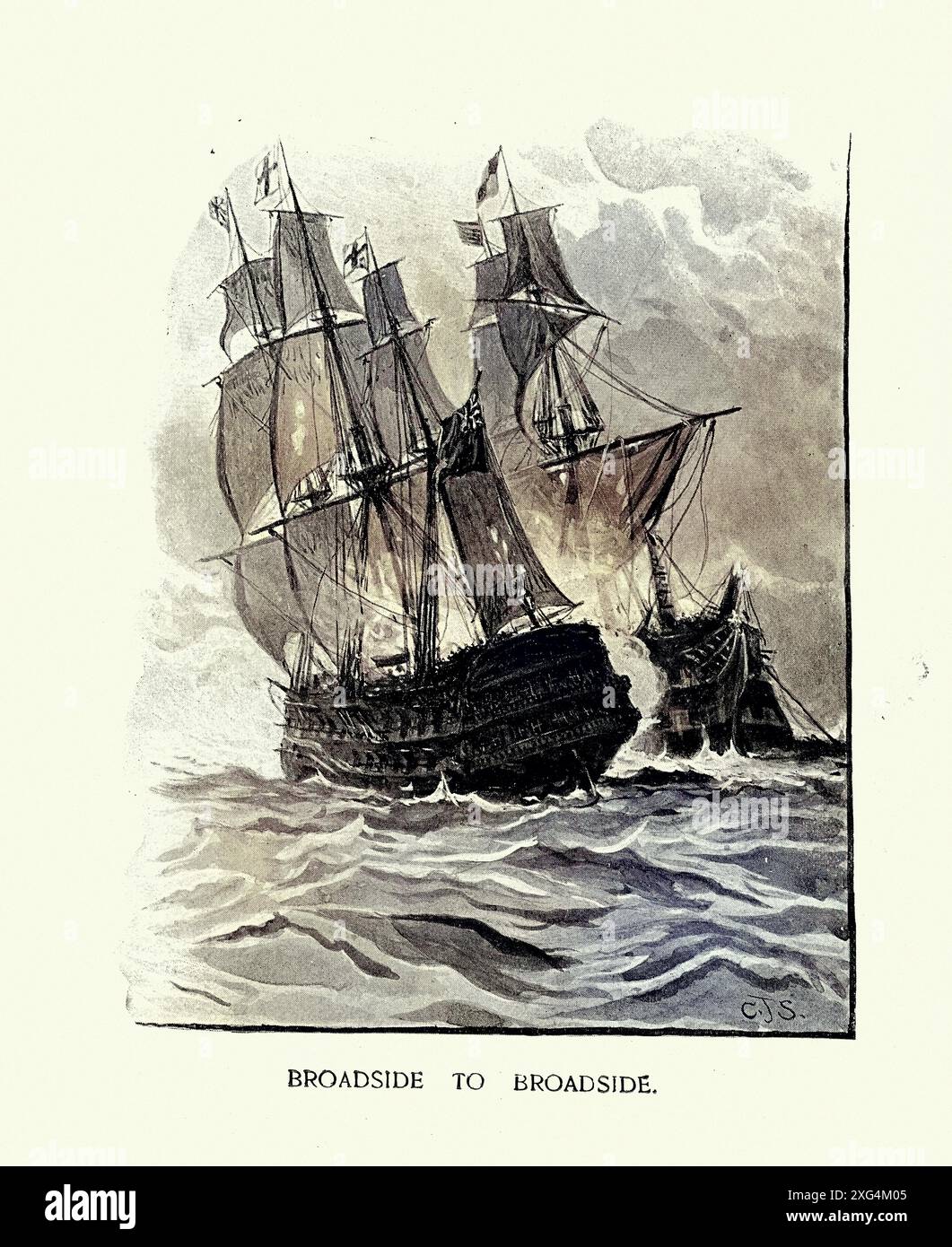 British Royal Navy warship HMS Powerful (1783), in battle firing ...