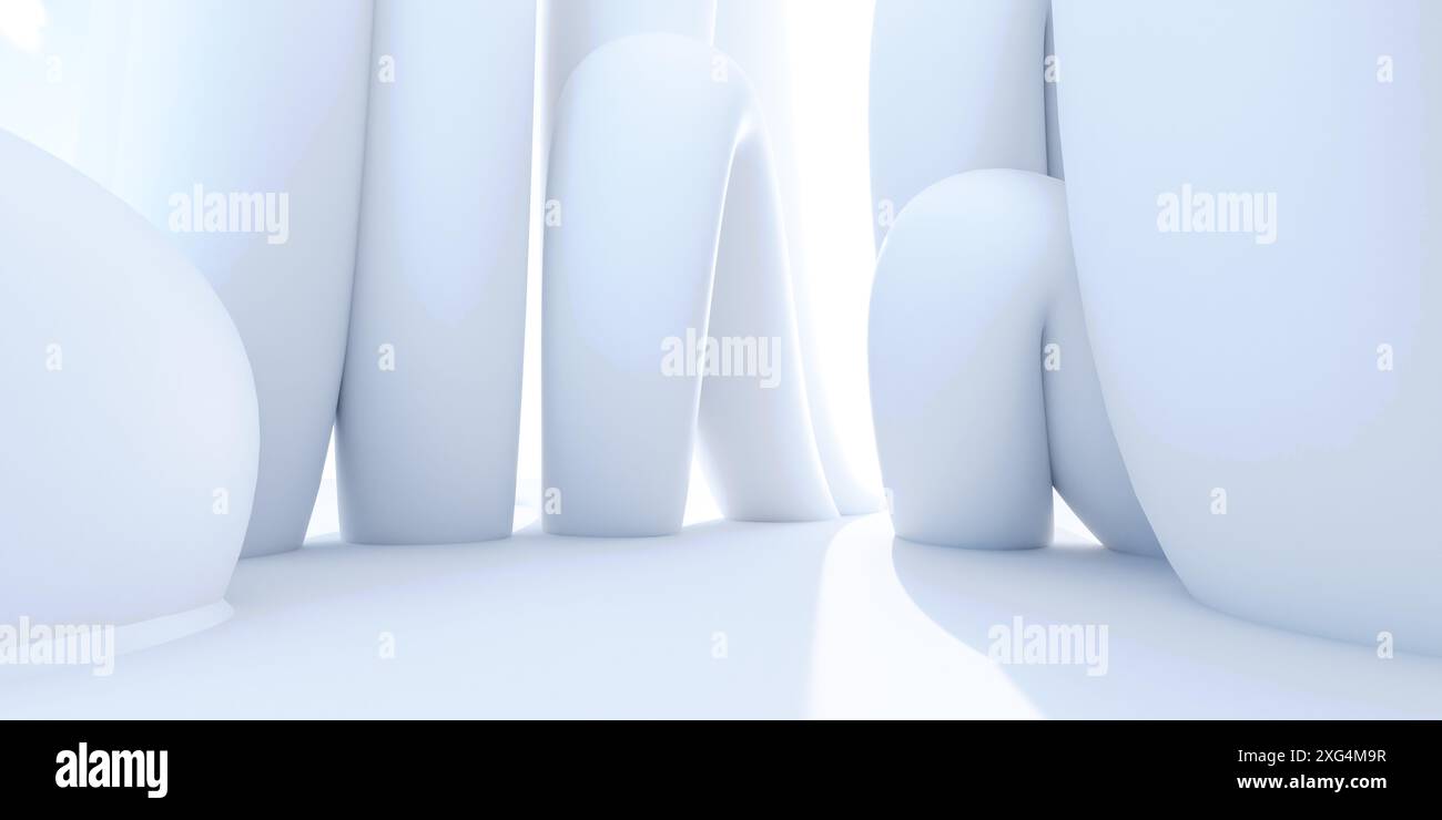 A digital rendering of a minimalist interior space with abstract white ...