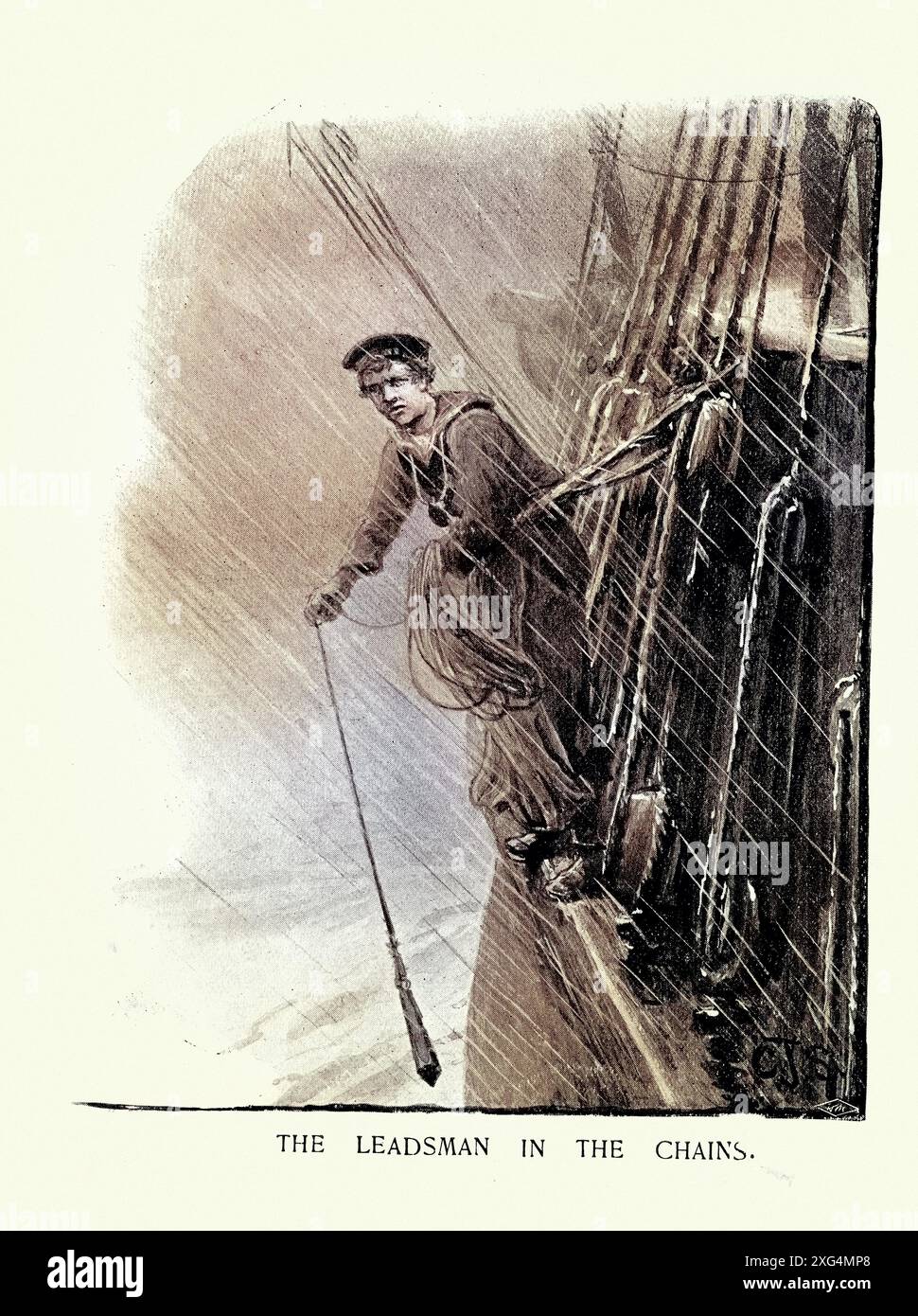 British Royal Navy sailor, Leadsman using a sounding lead to determine ...