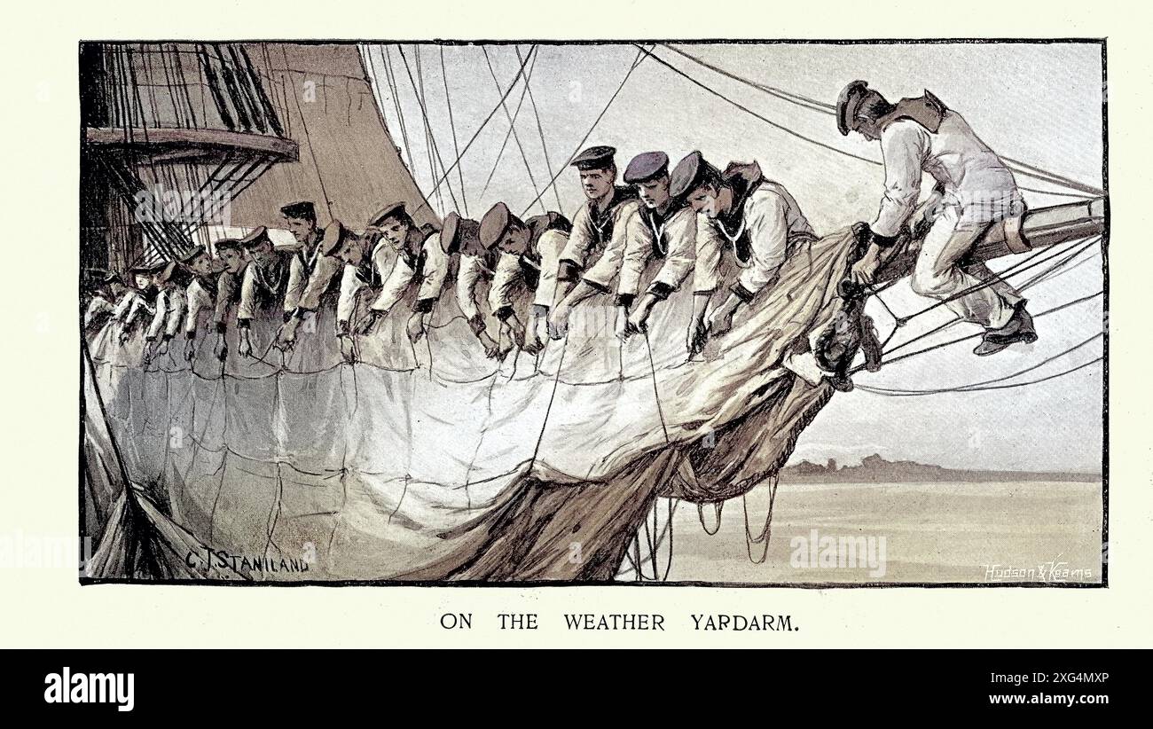British Royal Navy sailors folding the sail on the weather yardarm ...