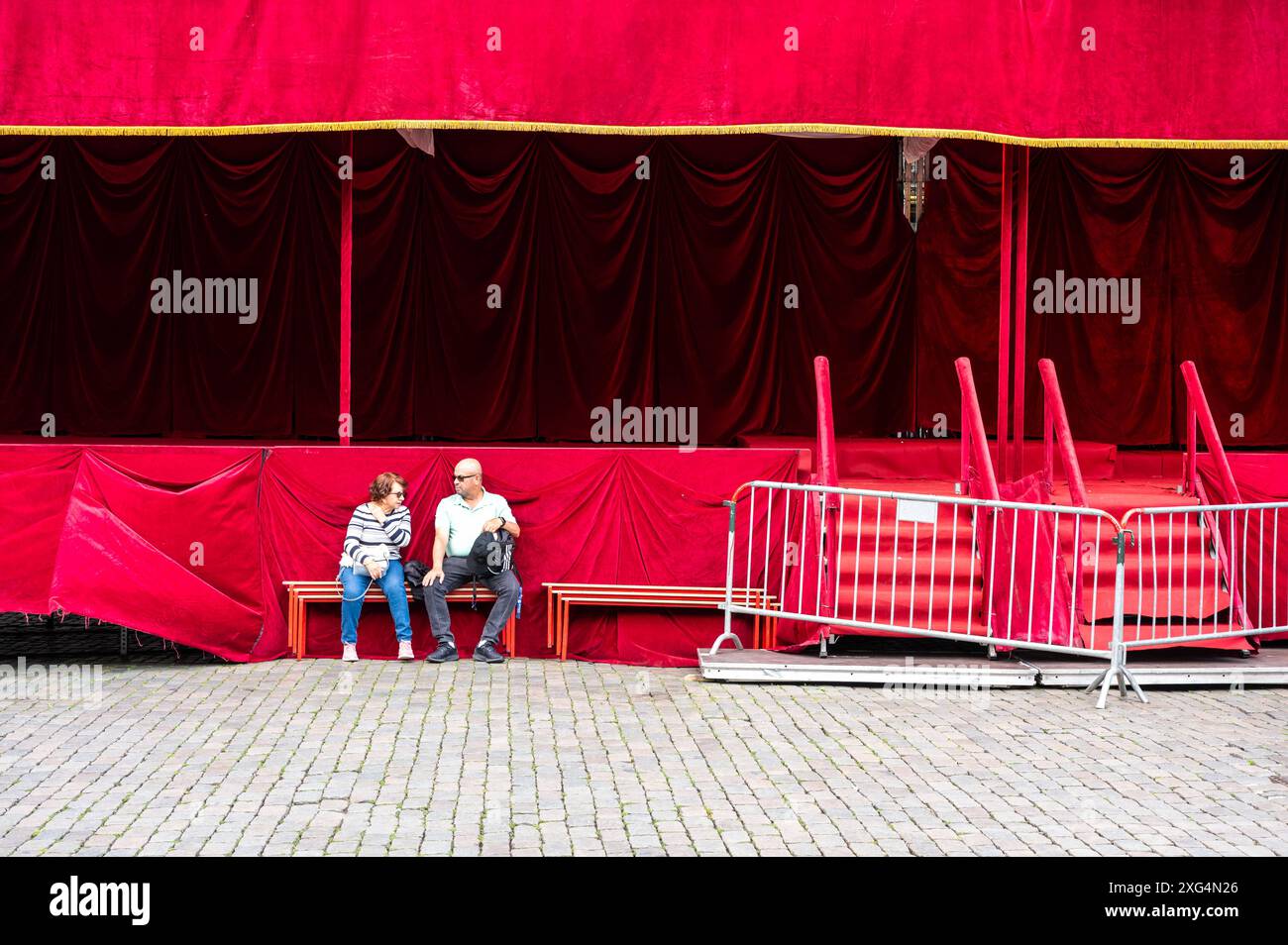 Brussels old town, Belgium - July 4, 2024 - Red velvet covered stage ...