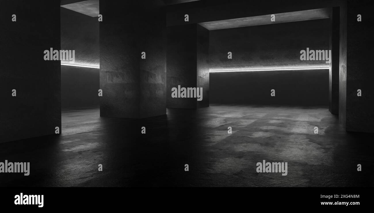 A concrete room with overhead lighting casts shadows on the wet floor ...
