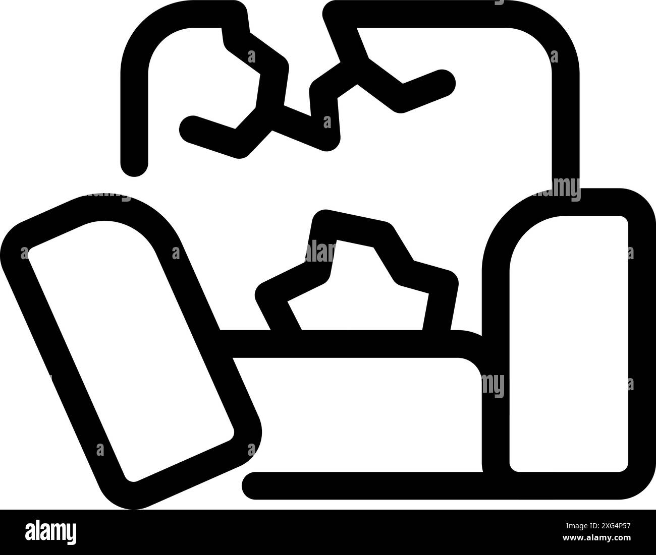 Simple line drawing representing a broken armchair with detached ...