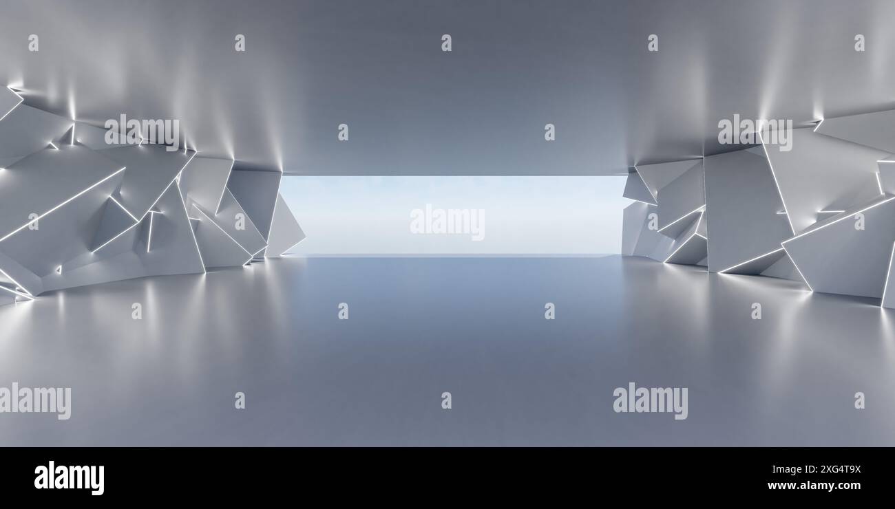 A spacious, modern interior with geometric white walls, a reflective ...