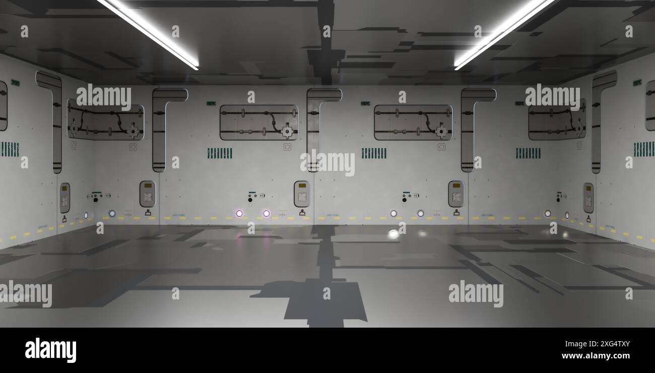 Empty room with white walls and fluorescent lighting 3d render ...