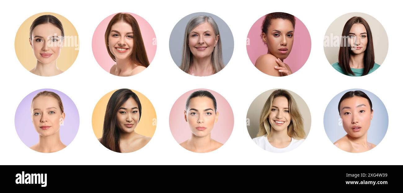 Many beautiful women of different races and ages. Collage of portraits ...