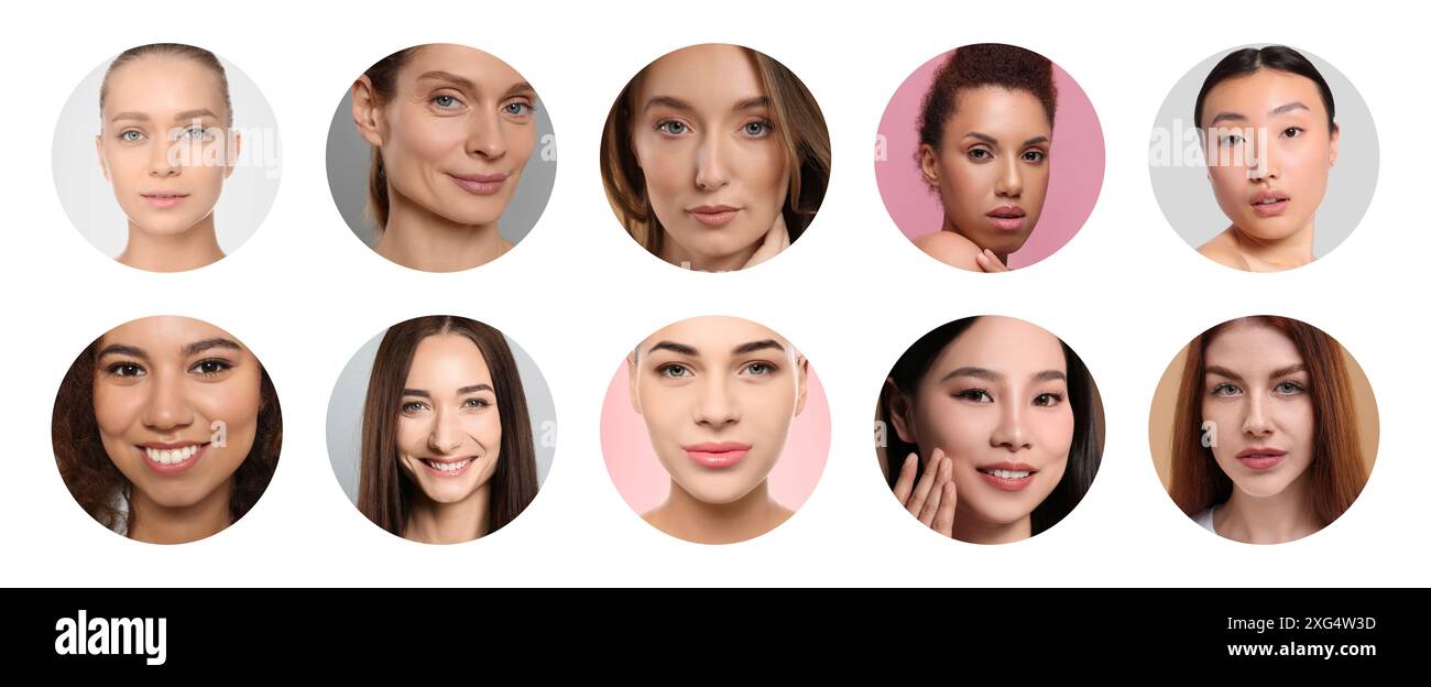 Many beautiful women of different races and ages. Collage of portraits ...