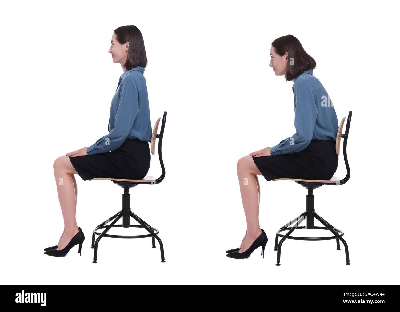 Woman with poor and good posture sitting on chair on white background ...