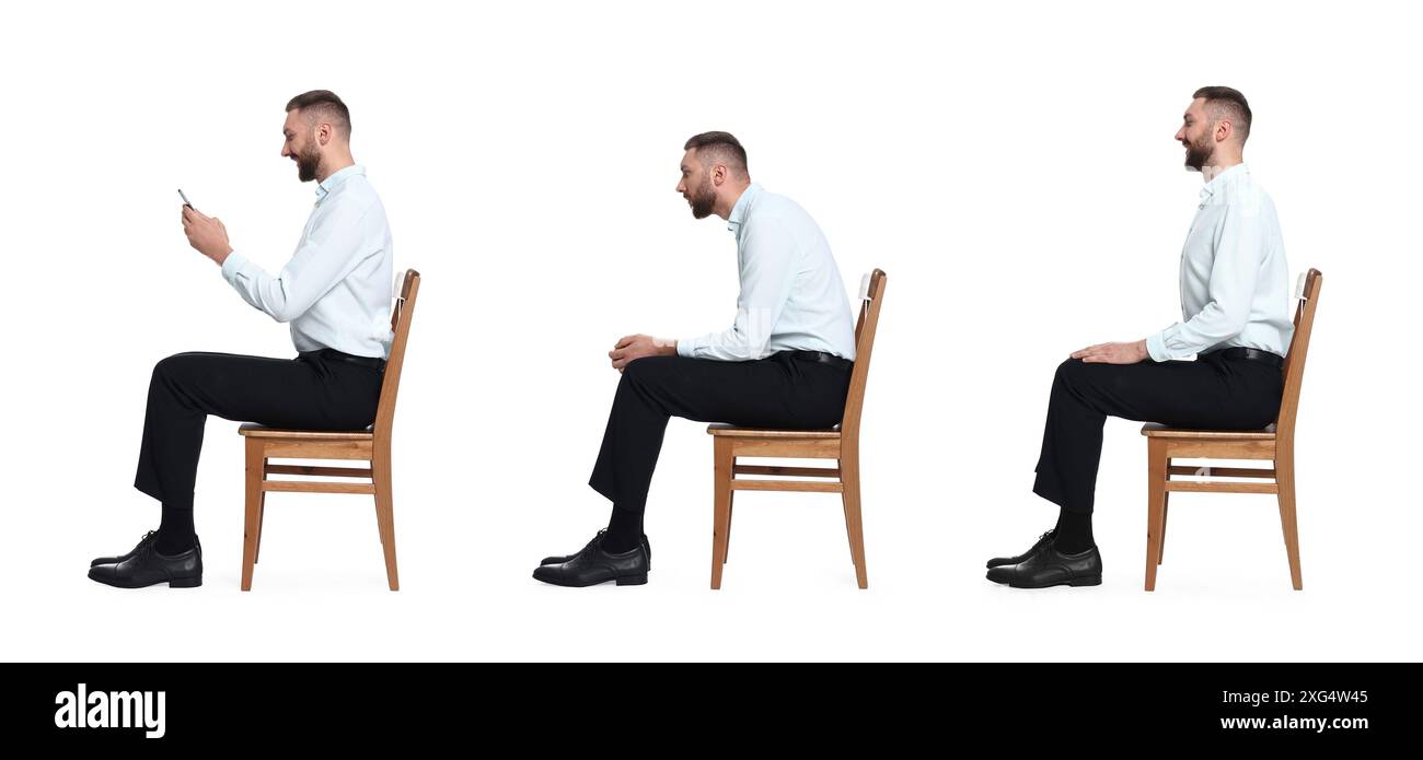 Man with poor and good posture sitting on chair on white background ...