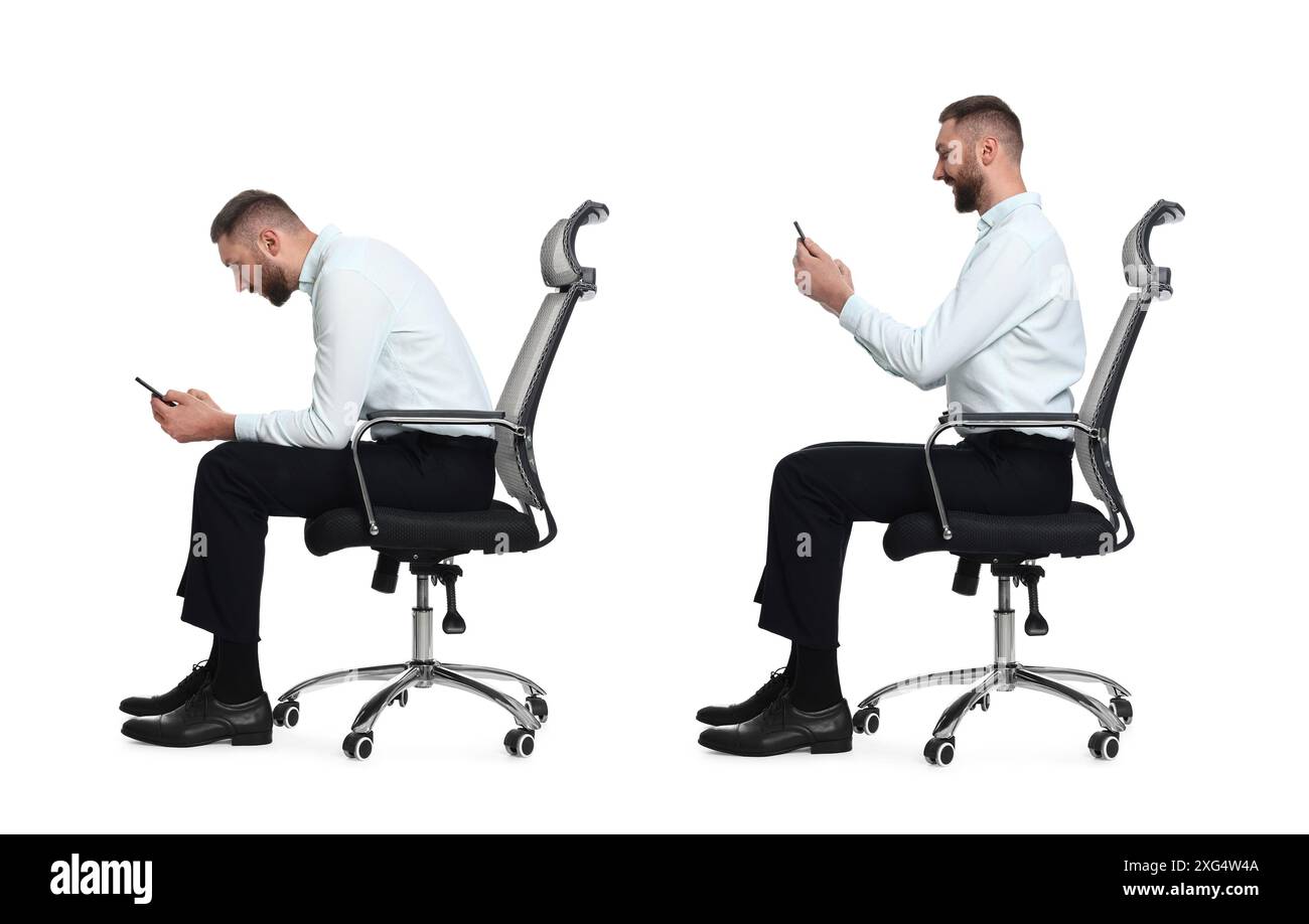 Man with poor and good posture sitting on chair on white background ...
