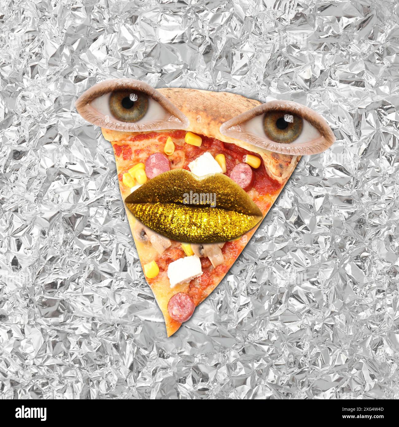 Pizza slice with eyes and golden lips on crumpled foil, creative ...
