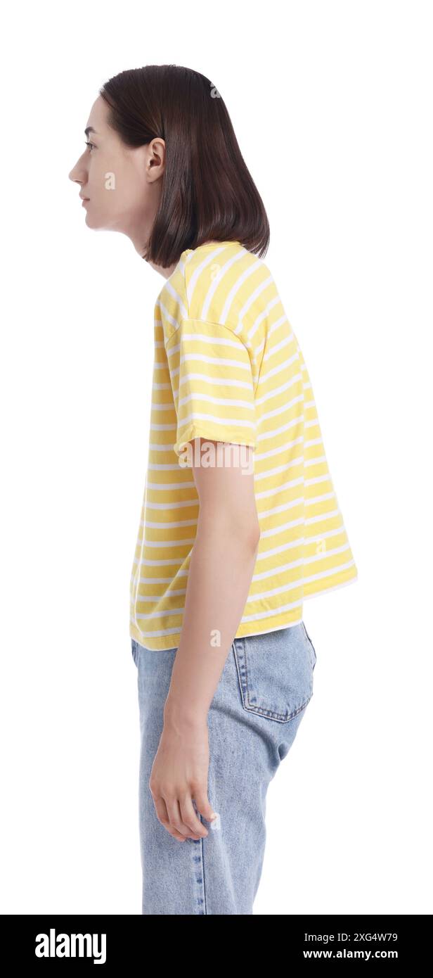 Woman with poor posture on white background Stock Photo - Alamy