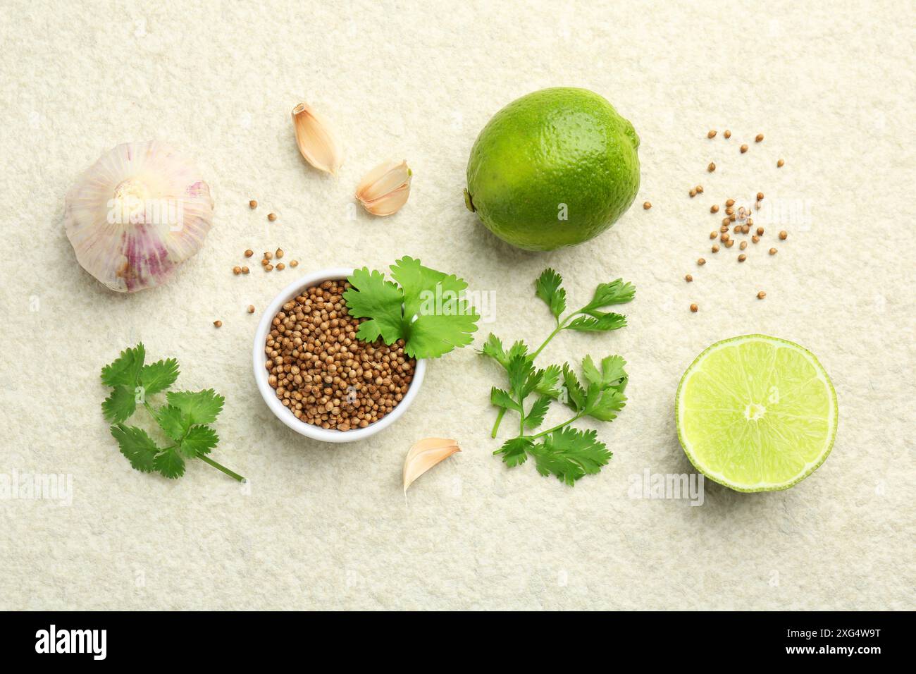 Fresh coriander leaves, dried seeds, garlic and limes on light textured ...