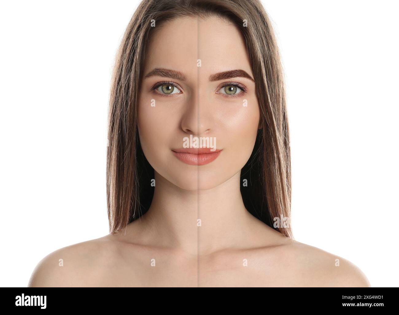 Collage with photos of young beautiful woman before and after permanent ...