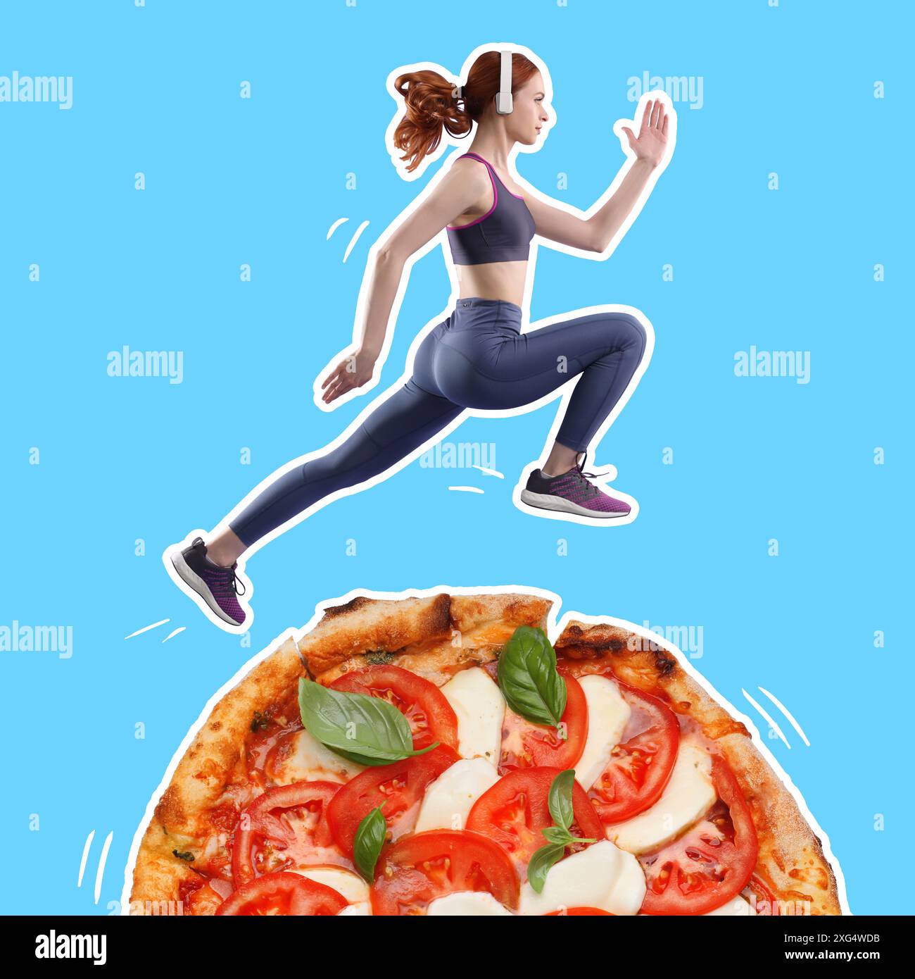 Sporty woman jumping over pizza on light blue background. Creative ...