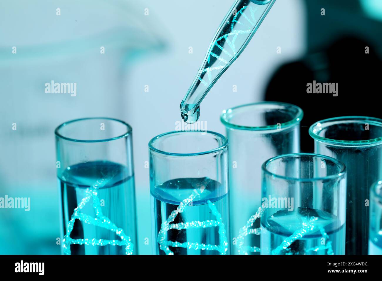 Samples with illustrations of DNA in dropper and test tubes in ...