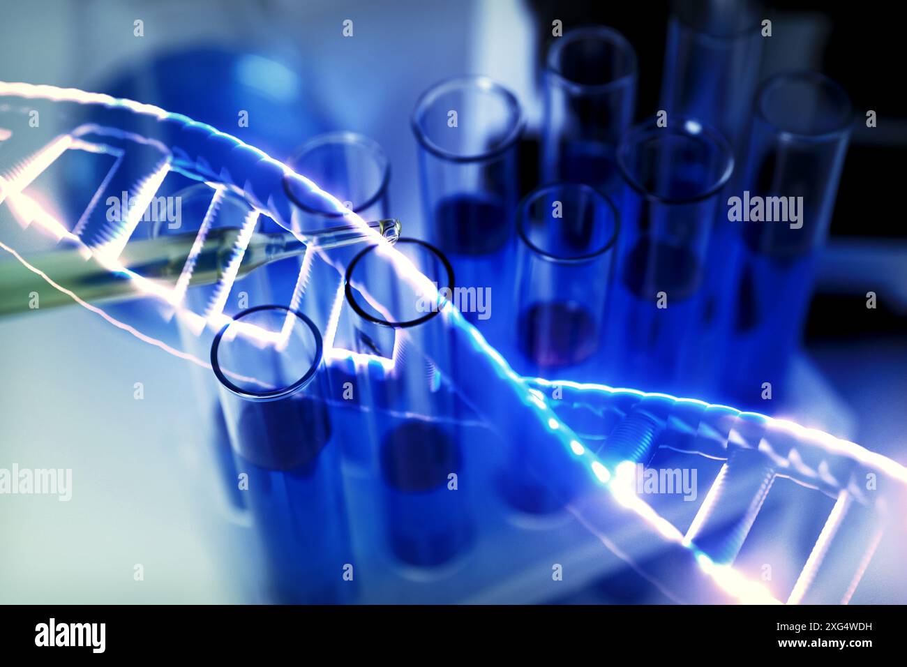 Illustration of DNA and test tubes with samples, double exposure Stock ...
