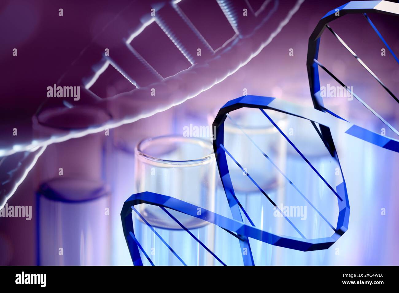 Illustrations of DNA and test tubes with samples, double exposure Stock ...