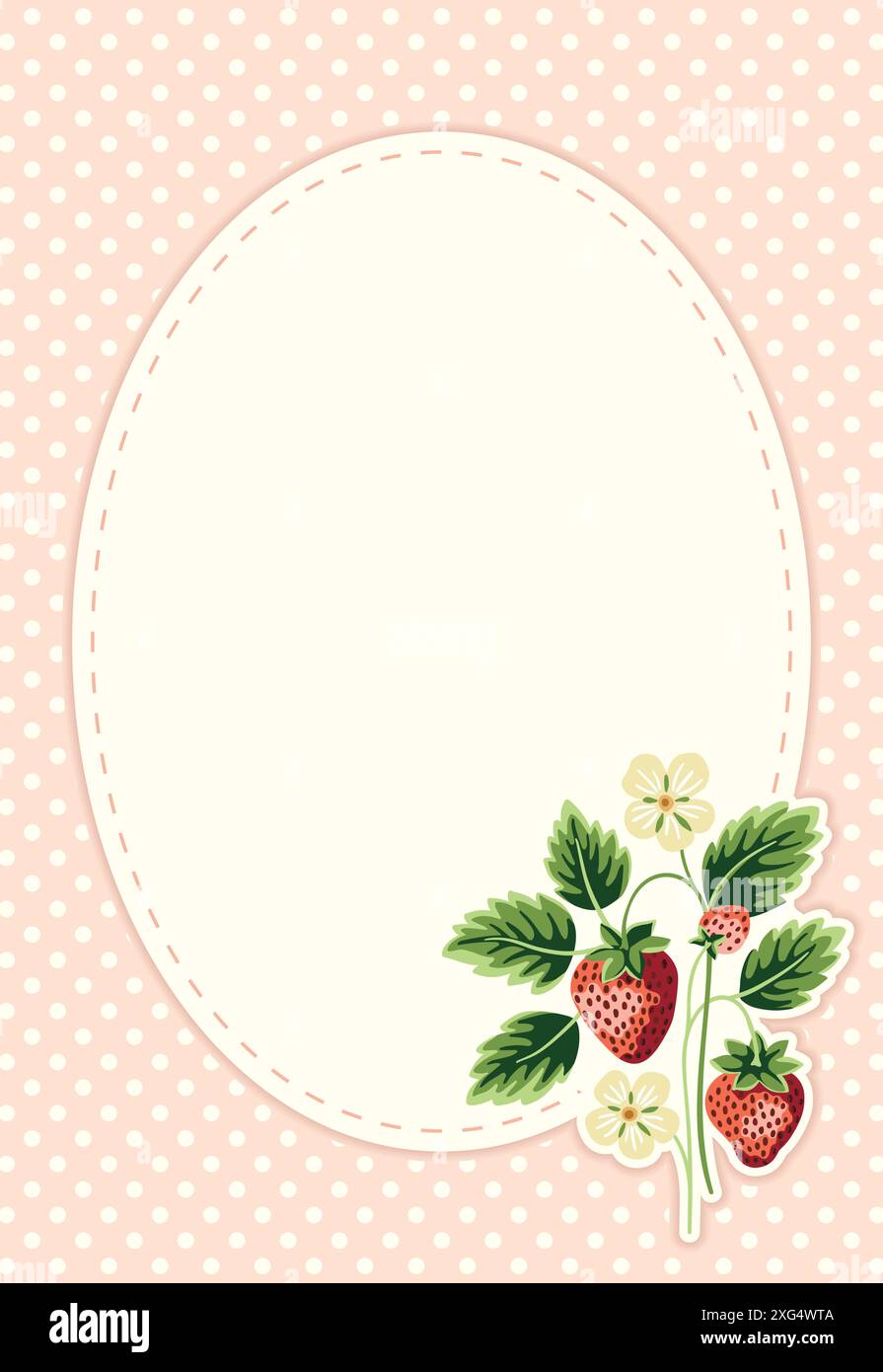 Cottage Core Garden Strawberry and Polka Dot Oval Vector Frame. Vintage ...