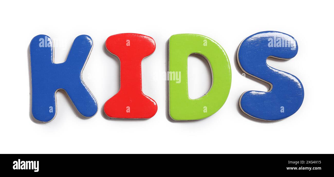 Alphabet. Word Kids of magnetic letters isolated on white, top view ...