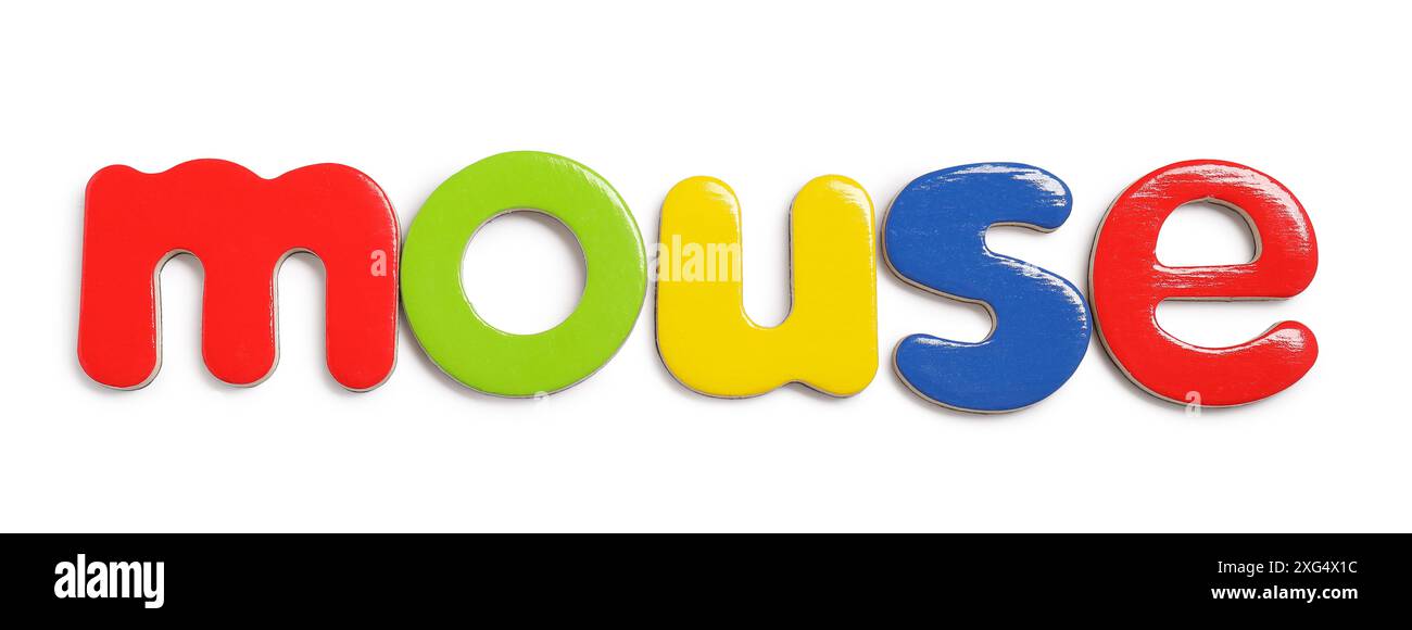 Alphabet. Word Mouse of magnetic letters isolated on white, top view ...