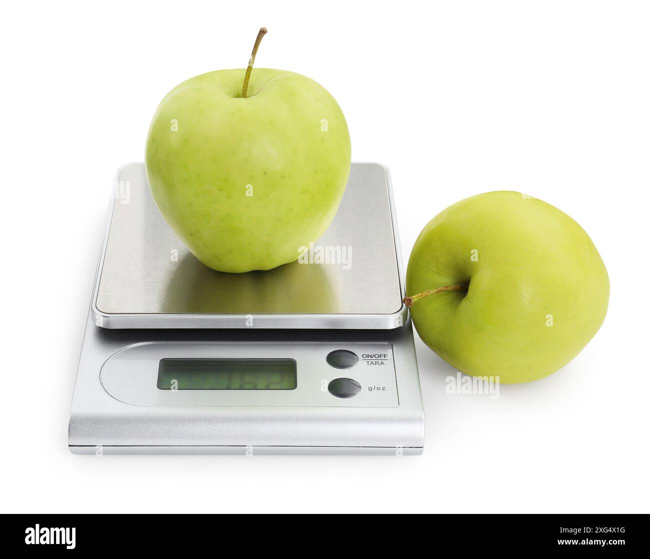 Kitchen scale with apples isolated on white Stock Photo - Alamy
