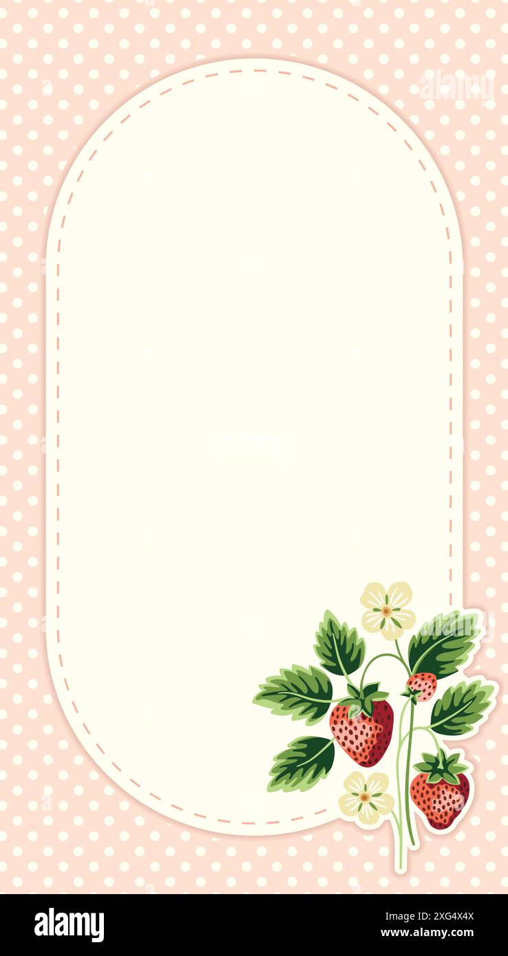 Cottage Core Garden Strawberry and Polka Dot Oval Vector Frame. Vintage ...