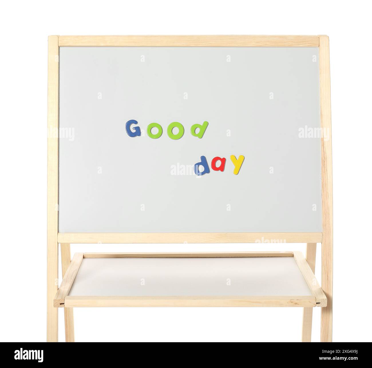 Words Good Day made of magnetic letters on board against white ...