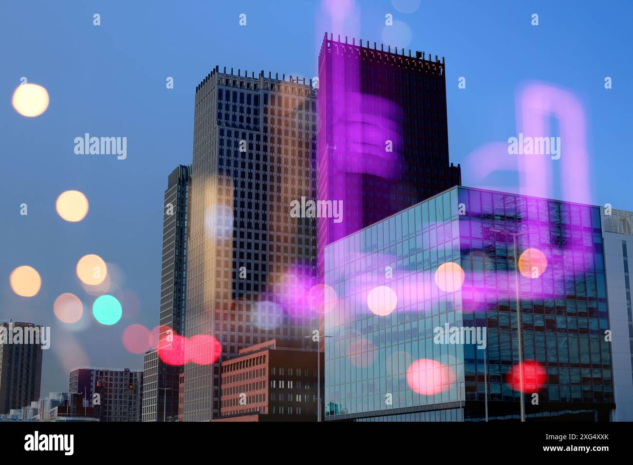 City with buildings and blurred lights, double exposure Stock Photo - Alamy