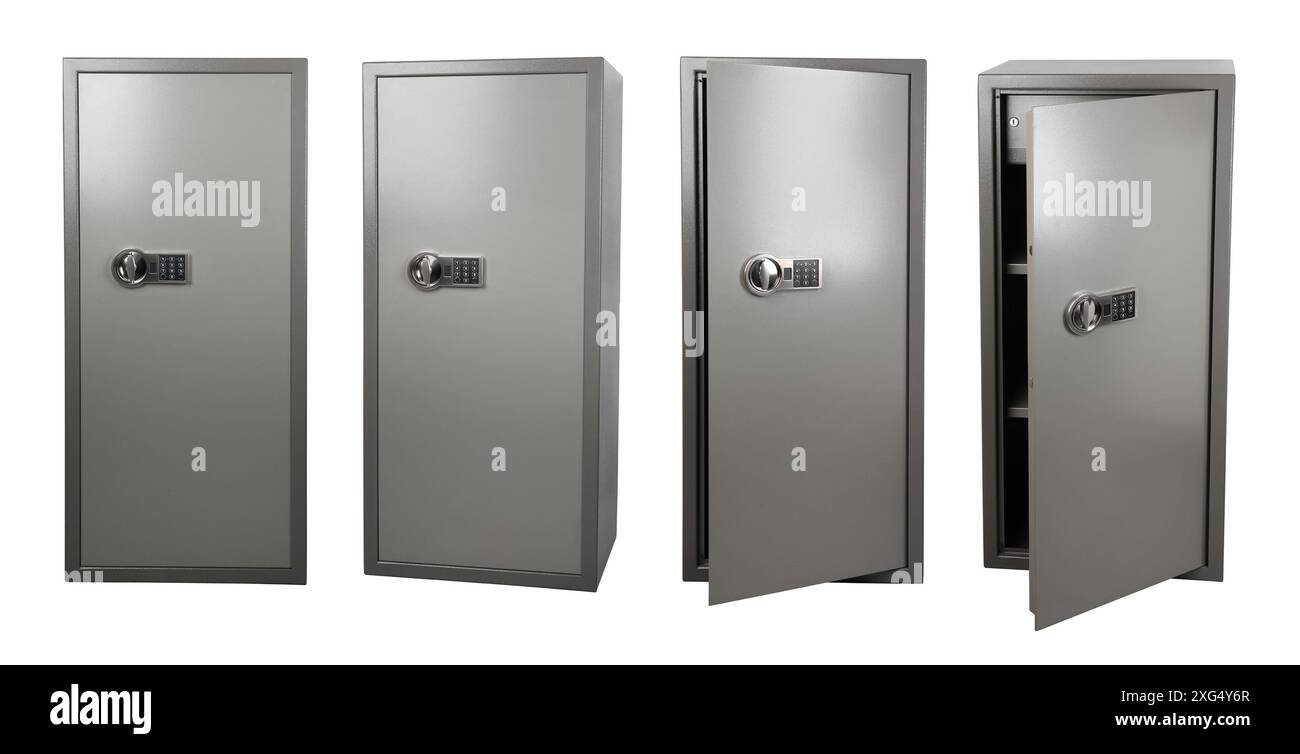 Big steel safe with electronic lock isolated on white, collage Stock ...