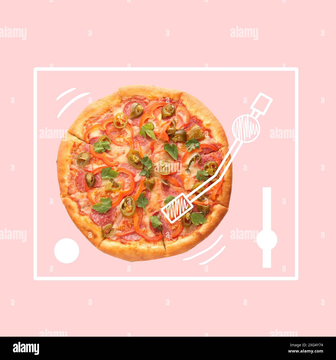 Pizza as vinyl record with illustration of turntable on pink background ...