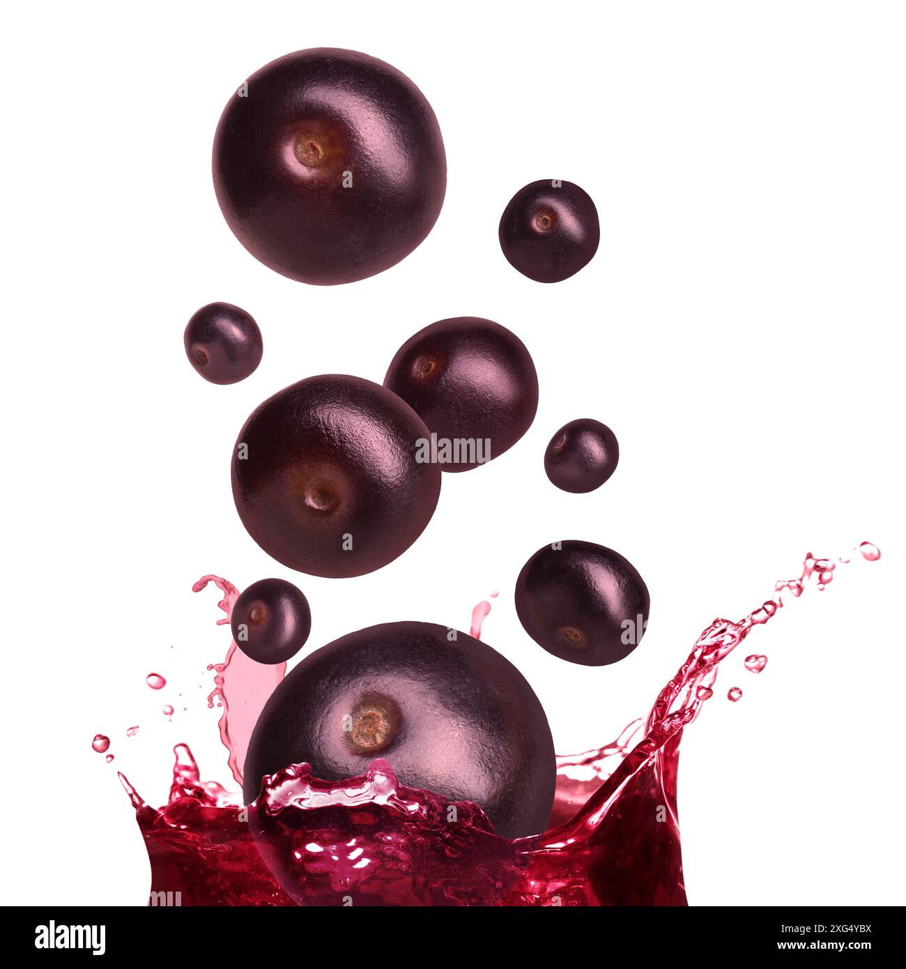 Acai berries falling into juice on white background Stock Photo - Alamy