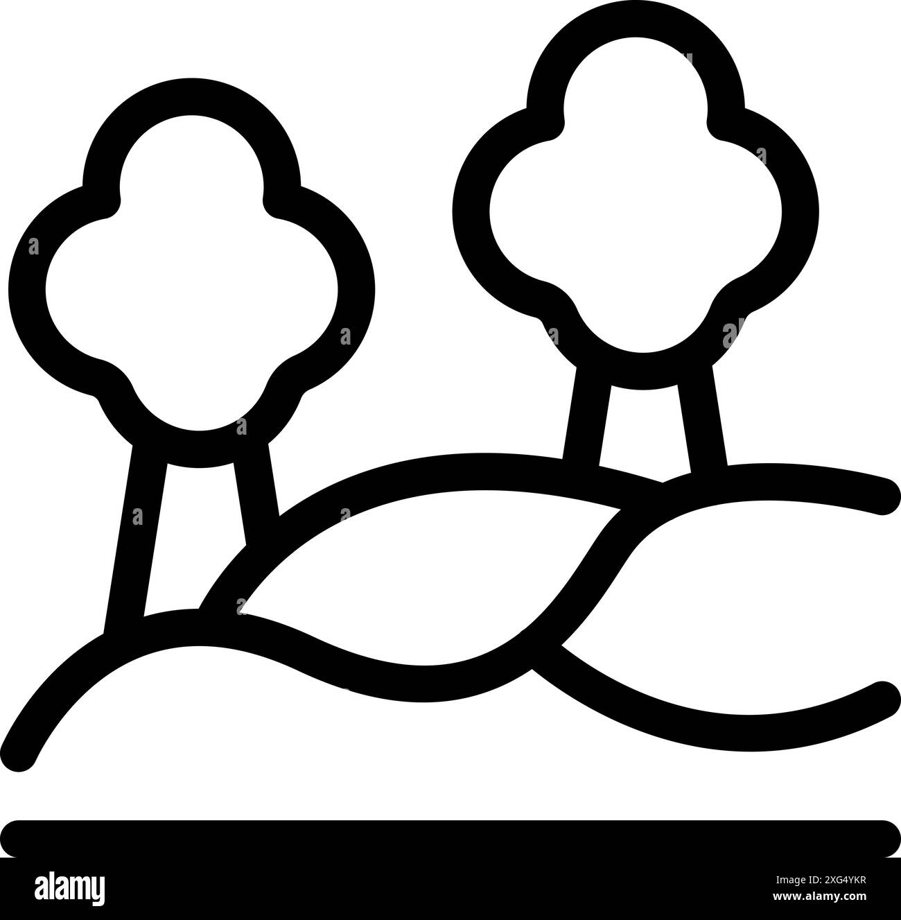 Simple line art illustration of two trees growing on rolling hills ...