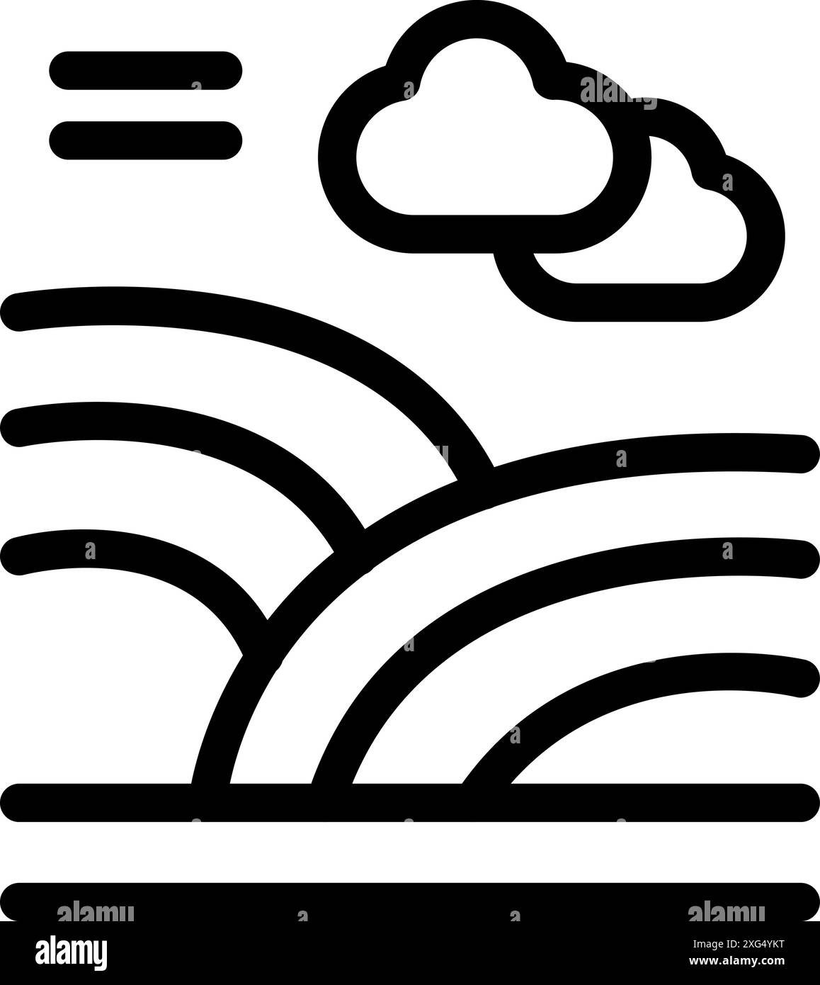 Minimalist line art icon of a simple landscape with clouds over rolling ...