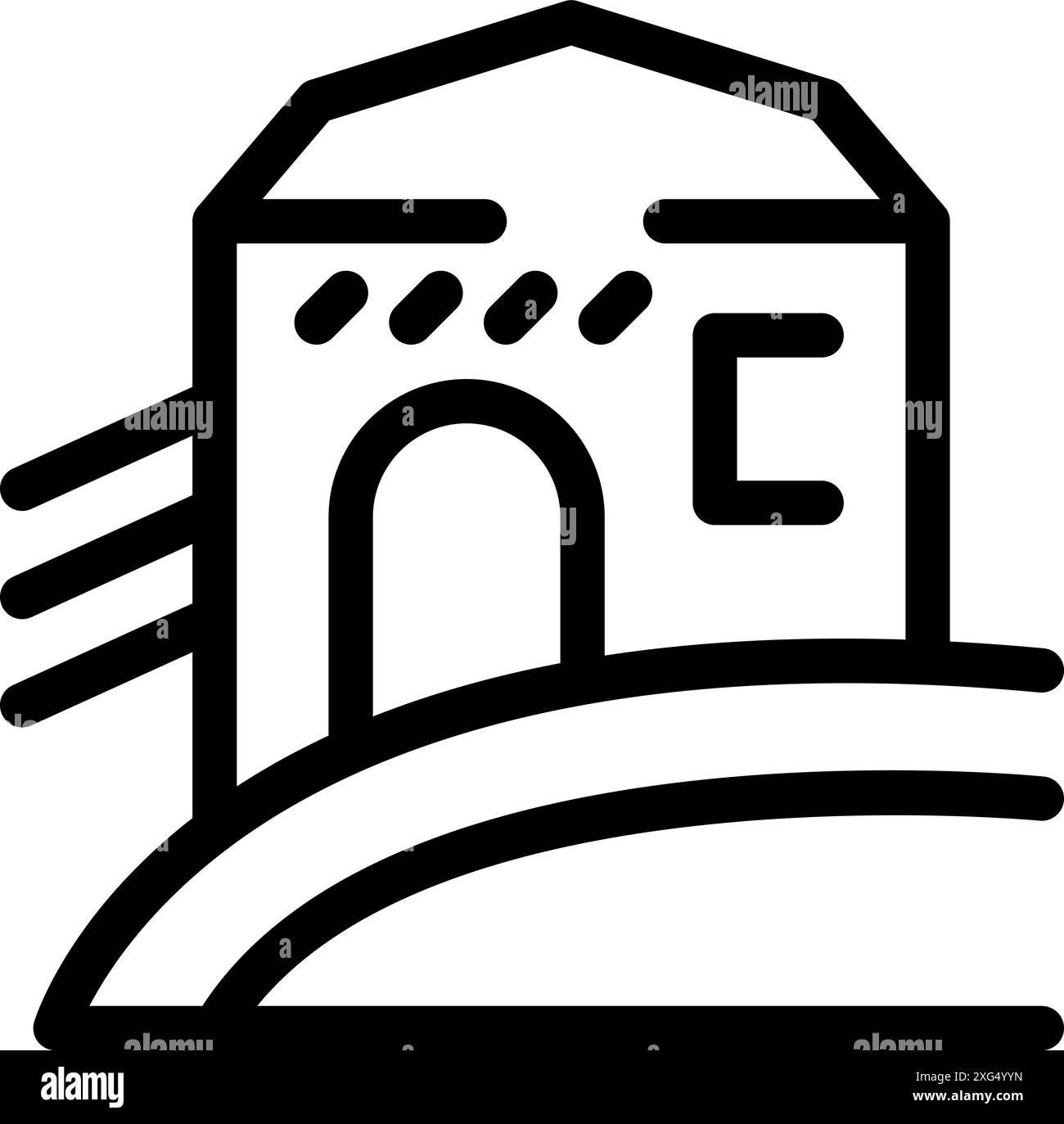 Simple line art icon of a traditional farm house standing on rolling ...