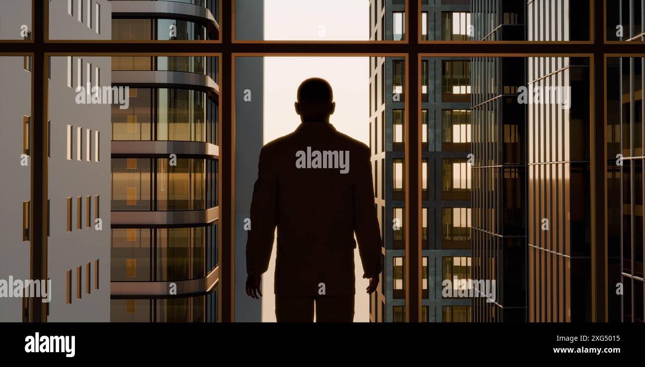 Silhouette of man looking out of window at cityscape during daytime 3d ...