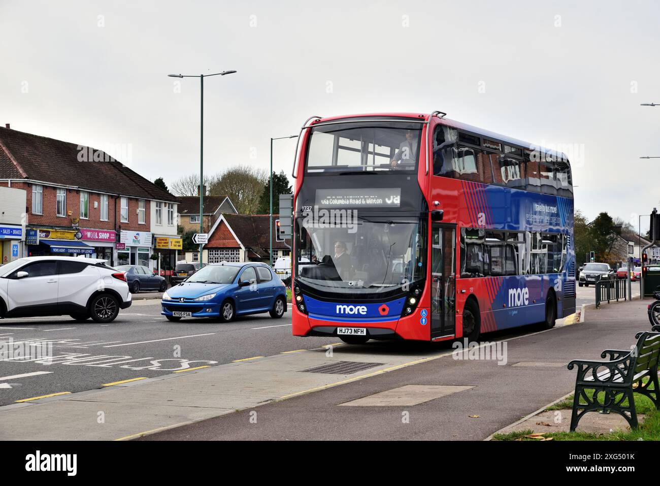 Morebus 1737 (HJ73 NFH), an Alexander Enviro400 MMC, waits in Kinson ...
