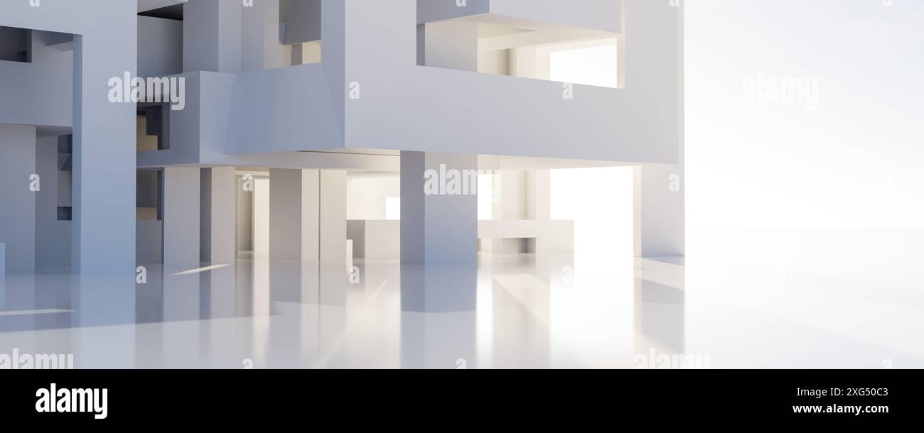 Modern white building interior with open space and natural light 3d ...
