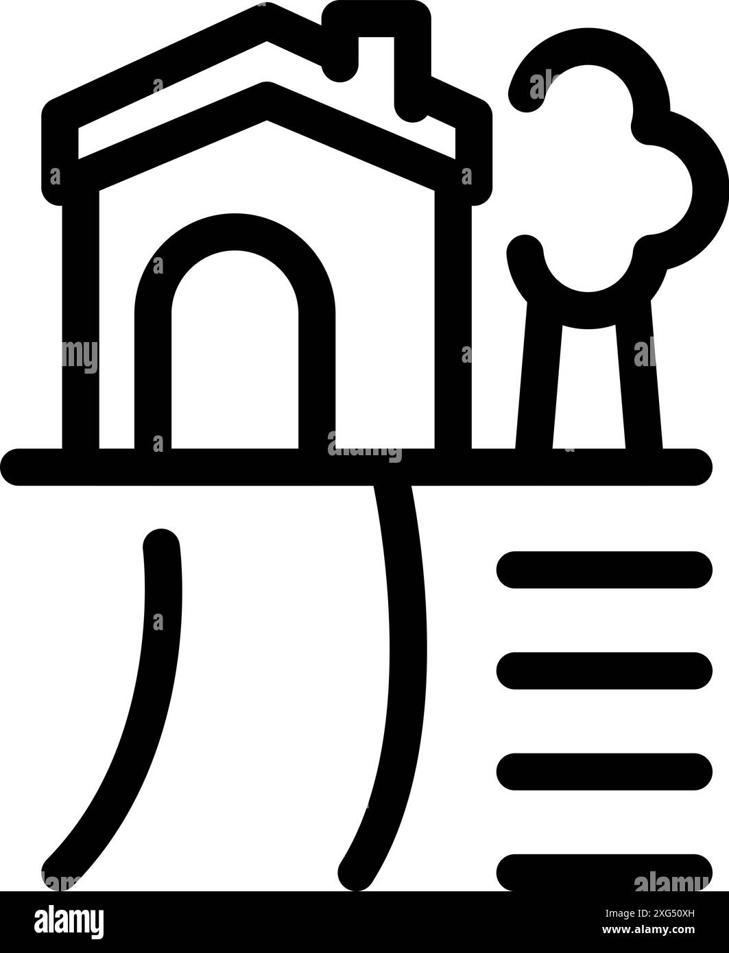 Line art icon of a house and tree standing precariously close to the ...