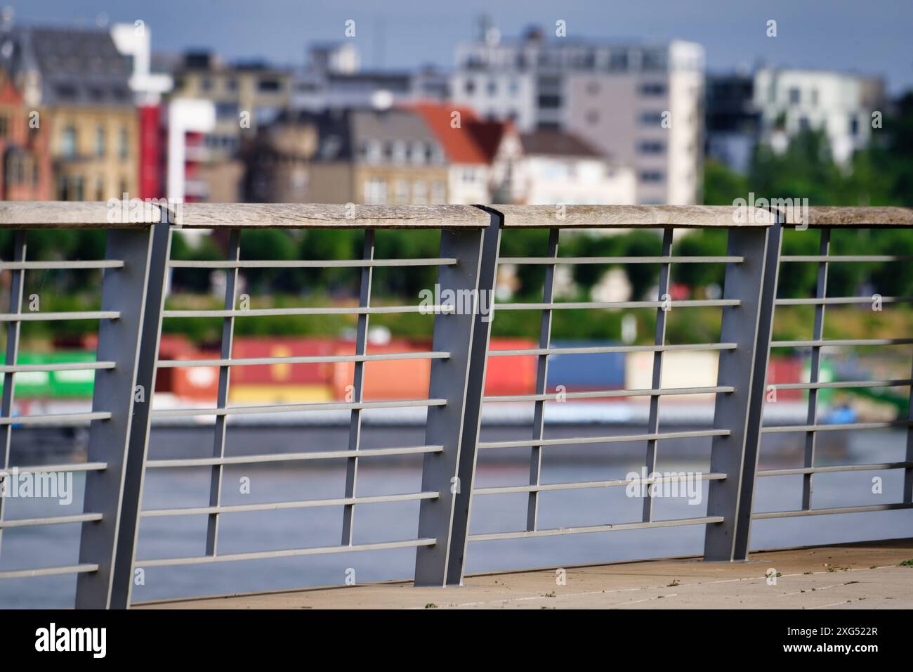 railing made of metal and wood of the rheinboulevard in Cologne Deutz ...