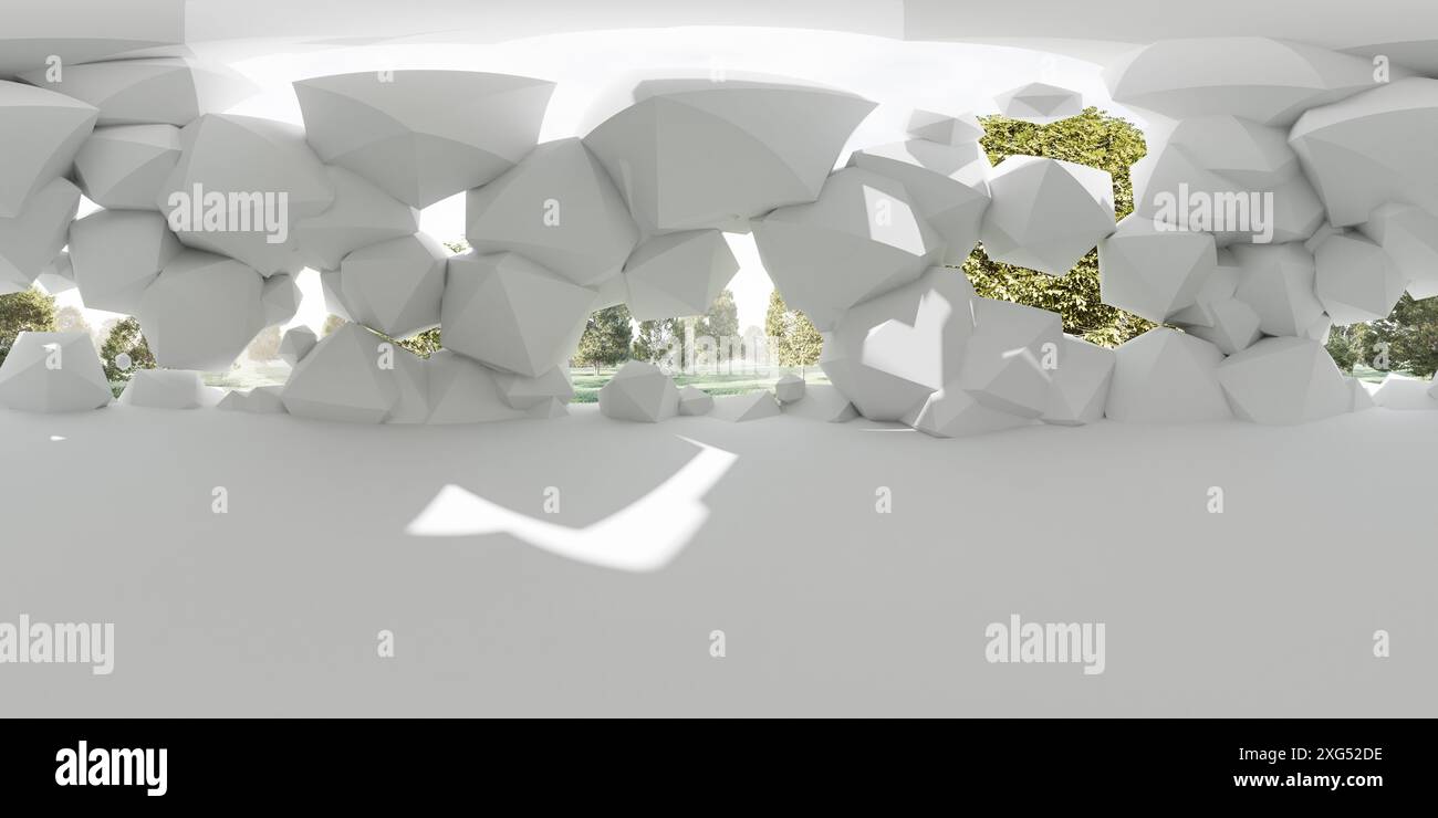 This image is a 360-degree panoramic view of a white, geometric ...