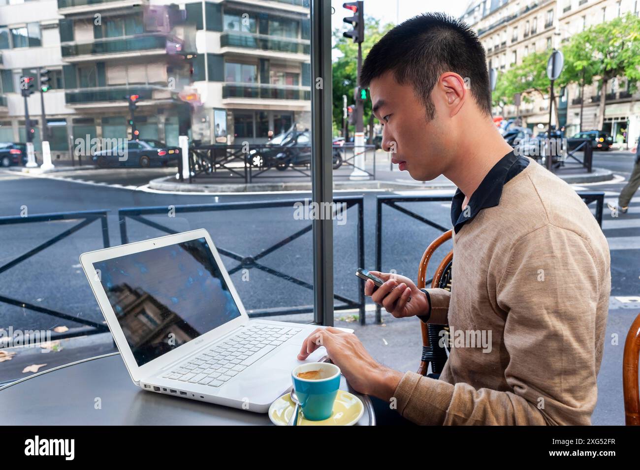 Paris, France, Chinese Tourist Alone, Using Personal Computer Laptop ...