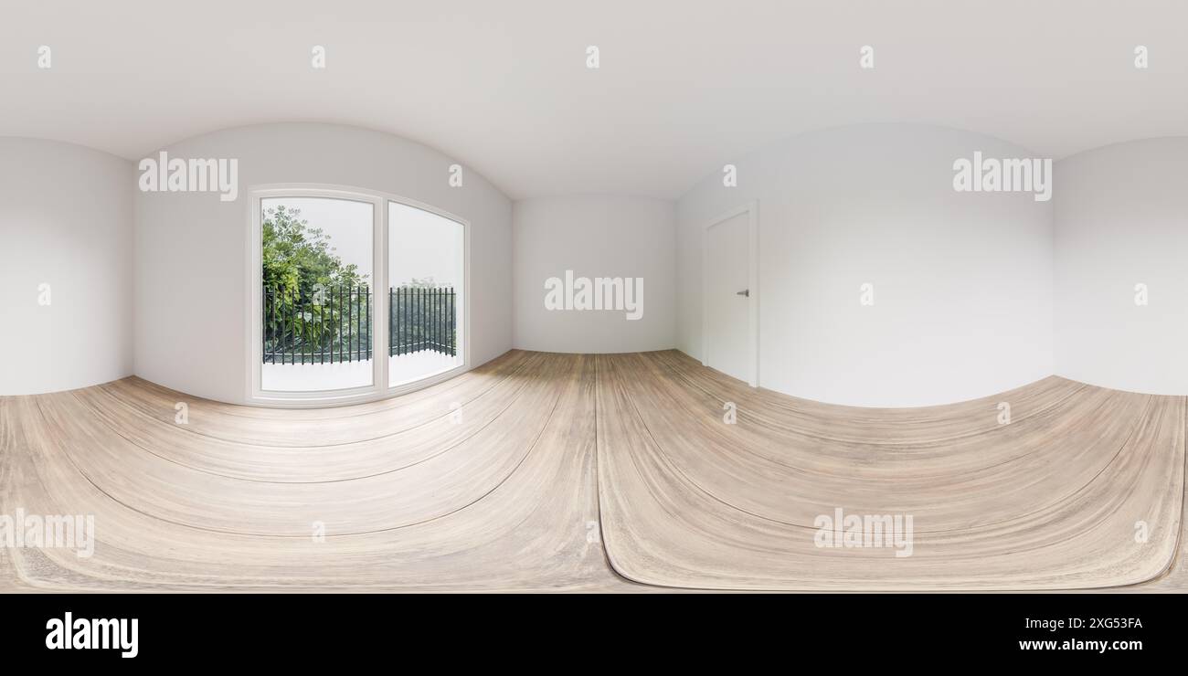 360 degree panorama of an empty room with wooden floor and balcony view ...