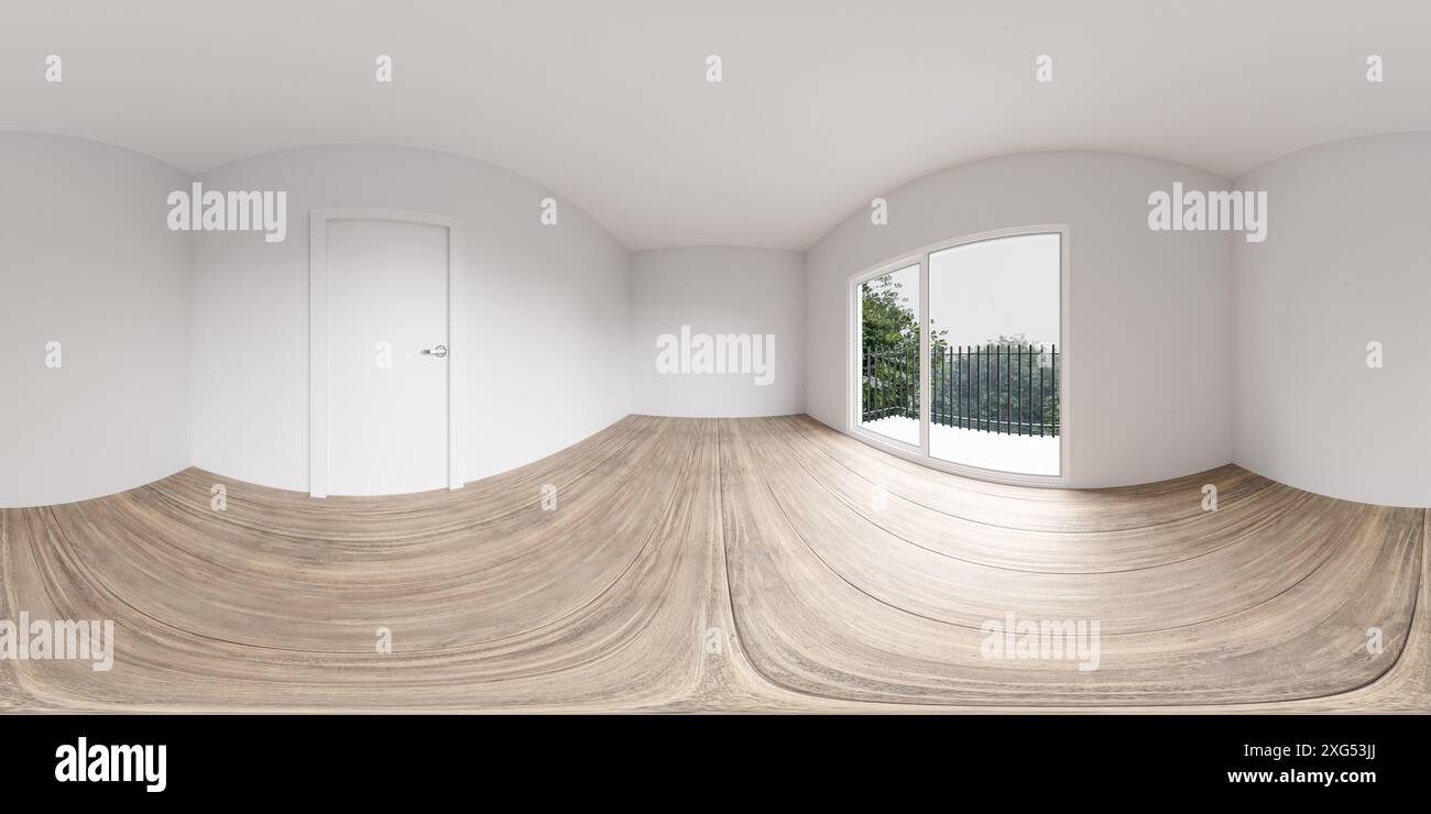 360 degree panorama of an empty room with wooden floors and a view of ...
